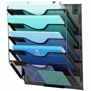 5 pockets wall file organizer hanging file organizer wall mount mail organizer magazine rack, mesh hanging wall file holder wall organizer for office home