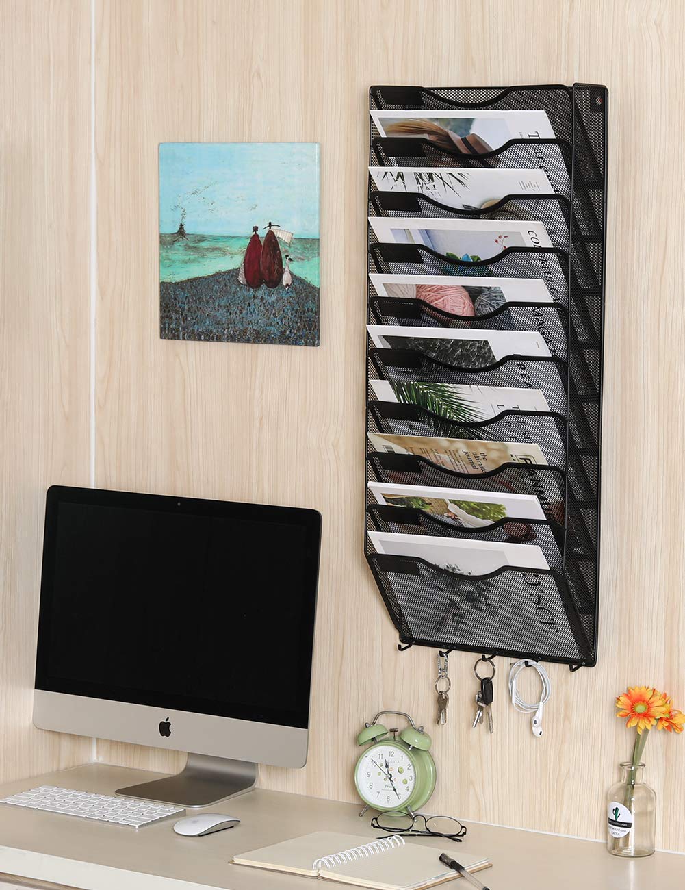 EasyPAG Hanging File Organizer Wall Mount 10 Pocket Vertical Wall Folder Holder Mail Organizer with 5 Key Hook for Office and Classroom,Black