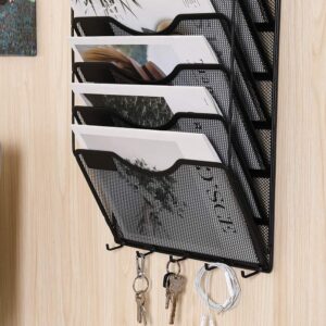 EasyPAG Hanging File Organizer Wall Mount 10 Pocket Vertical Wall Folder Holder Mail Organizer with 5 Key Hook for Office and Classroom,Black