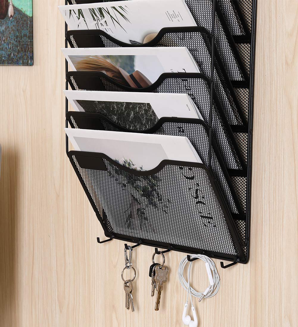 EasyPAG Hanging File Organizer Wall Mount 10 Pocket Vertical Wall Folder Holder Mail Organizer with 5 Key Hook for Office and Classroom,Black