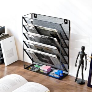 PAG Hanging Wall File Holder,6 Tier Mesh Mail Sorter for Wall,Office Wall Organizer For Papers,Folders,Files Clipboard & Magazine,Black