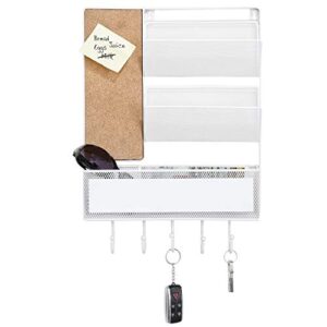 MyGift Mesh Metal Wall Mounted Organizer with Cork Board & 5 Key Hooks, White