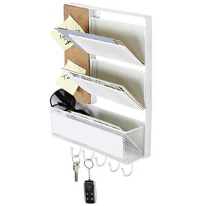 MyGift Mesh Metal Wall Mounted Organizer with Cork Board & 5 Key Hooks, White