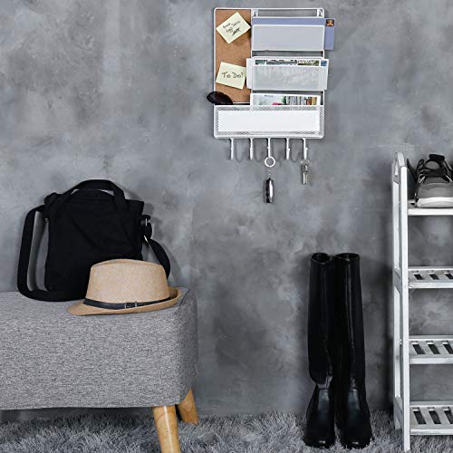 MyGift Mesh Metal Wall Mounted Organizer with Cork Board & 5 Key Hooks, White