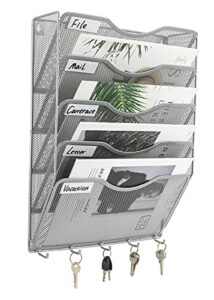 easypag wall mount file organizer with key hooks 5 pocket vertical mesh hanging wall file holder magzine paper folders rack for office and home,silver