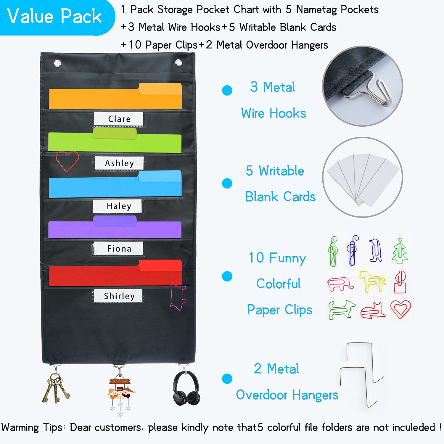 5 Pocket Hanging File Organizer, Wall Hanging File Folder Paper Storage Organizer for Office Classroom Home Organization, Pocket Chart with 3 Wire Hook, 2 Over Door Hanger and 10 Funny Paper Clip