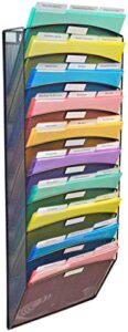 ultimate office mesh wall file organizer, 10 tier vertical mount hanging file sorter. multipurpose display rack includes 18, 3rd cut pocketfile clear document folder project pockets (black)