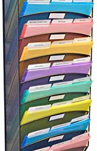 Ultimate Office Mesh Wall File Organizer, 10 Tier Vertical Mount Hanging File Sorter. Multipurpose Display Rack Includes 18, 3rd Cut PocketFile Clear Document Folder Project Pockets (Black)