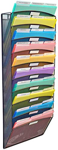 Ultimate Office Mesh Wall File Organizer, 10 Tier Vertical Mount Hanging File Sorter. Multipurpose Display Rack Includes 18, 3rd Cut PocketFile Clear Document Folder Project Pockets (Black)