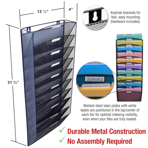 Ultimate Office Mesh Wall File Organizer, 10 Tier Vertical Mount Hanging File Sorter. Multipurpose Display Rack Includes 18, 3rd Cut PocketFile Clear Document Folder Project Pockets (Black)