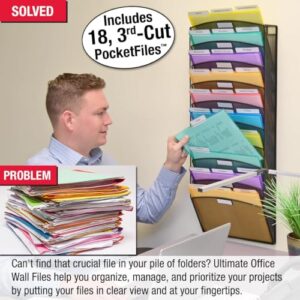 Ultimate Office Mesh Wall File Organizer, 10 Tier Vertical Mount Hanging File Sorter. Multipurpose Display Rack Includes 18, 3rd Cut PocketFile Clear Document Folder Project Pockets (Black)