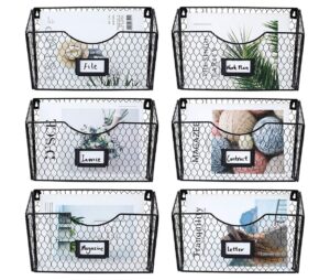 pag 6 pockets hanging file holder wall mount mail organizer metal chicken wire magazine rack with tag slot, black