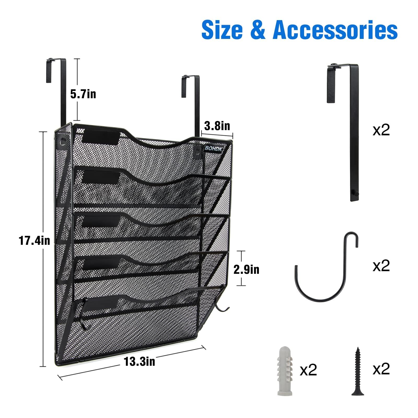 BOHDK Wall File Organizer, 5 Tire Hanging File Folder Organizer, Vertical Mesh Metal Door/Wall Mount Hanging File Holder, Paper Document Magazine Rack with Hooks for Home Office Black