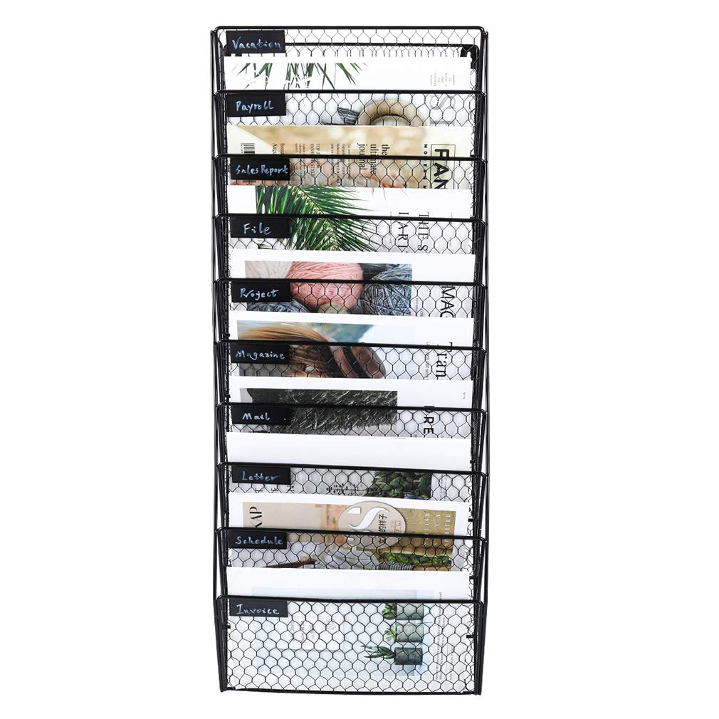 PAG 10 Pockets Wall File Holder Wall Mounted Mail Sorter Organizer Metal Chicken Wire Hanging Magazine Rack, Black