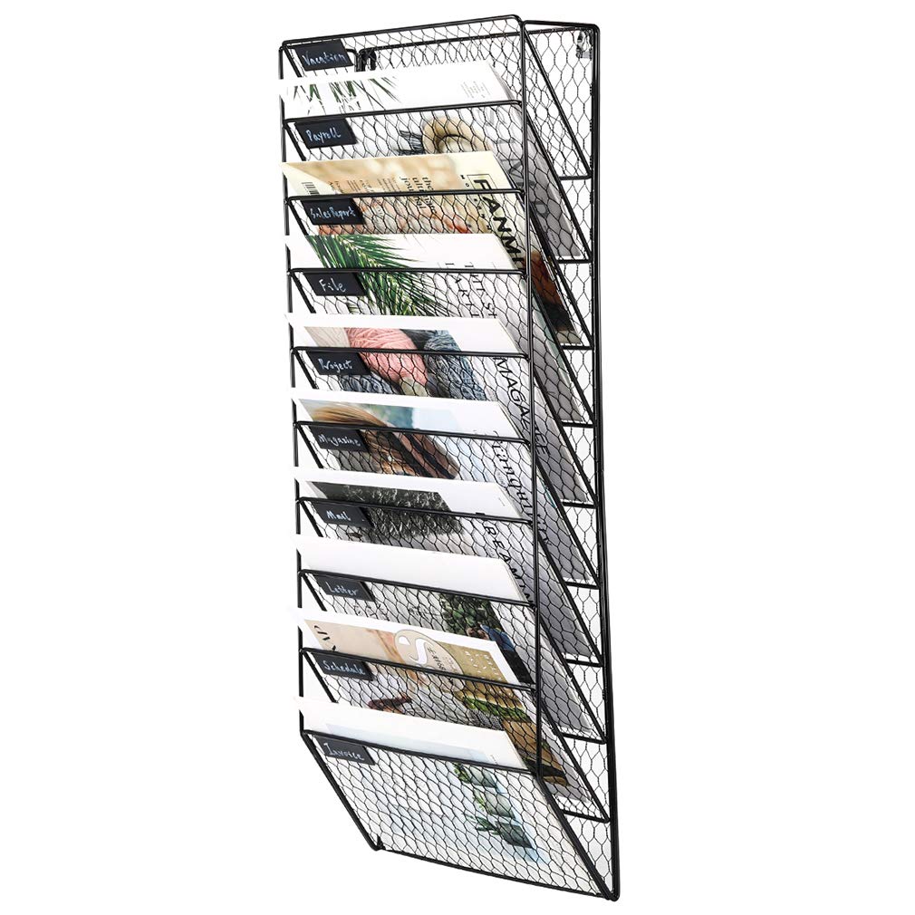 PAG 10 Pockets Wall File Holder Wall Mounted Mail Sorter Organizer Metal Chicken Wire Hanging Magazine Rack, Black