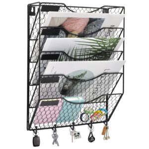 cosyawn 5 tier wall file holder with hook, hanging mail organizer metal chicken wire wall mount magazine rack with label panel, black