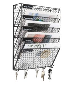 pag 5 tier wall file holder hanging mail organizer metal chicken wire wall mount magazine rack with hooks for home and office, black