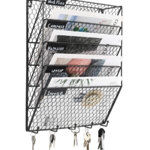 PAG 5 Tier Wall File Holder Hanging Mail Organizer Metal Chicken Wire Wall Mount Magazine Rack with hooks for Home and Office, Black