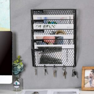 PAG 5 Tier Wall File Holder Hanging Mail Organizer Metal Chicken Wire Wall Mount Magazine Rack with hooks for Home and Office, Black