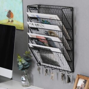 PAG 5 Tier Wall File Holder Hanging Mail Organizer Metal Chicken Wire Wall Mount Magazine Rack with hooks for Home and Office, Black