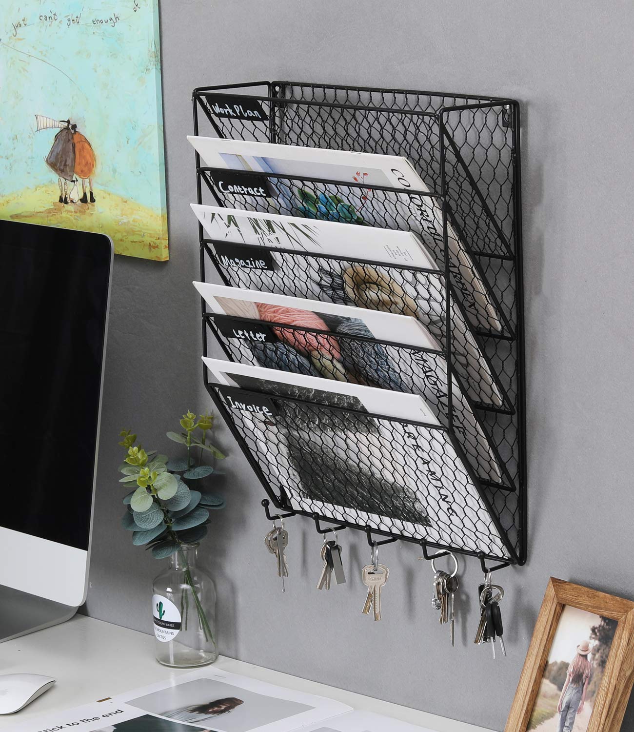 PAG 5 Tier Wall File Holder Hanging Mail Organizer Metal Chicken Wire Wall Mount Magazine Rack with hooks for Home and Office, Black