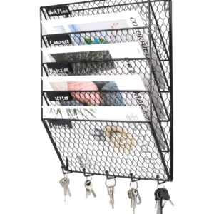 PAG 5 Tier Wall File Holder Hanging Mail Organizer Metal Chicken Wire Wall Mount Magazine Rack with hooks for Home and Office, Black