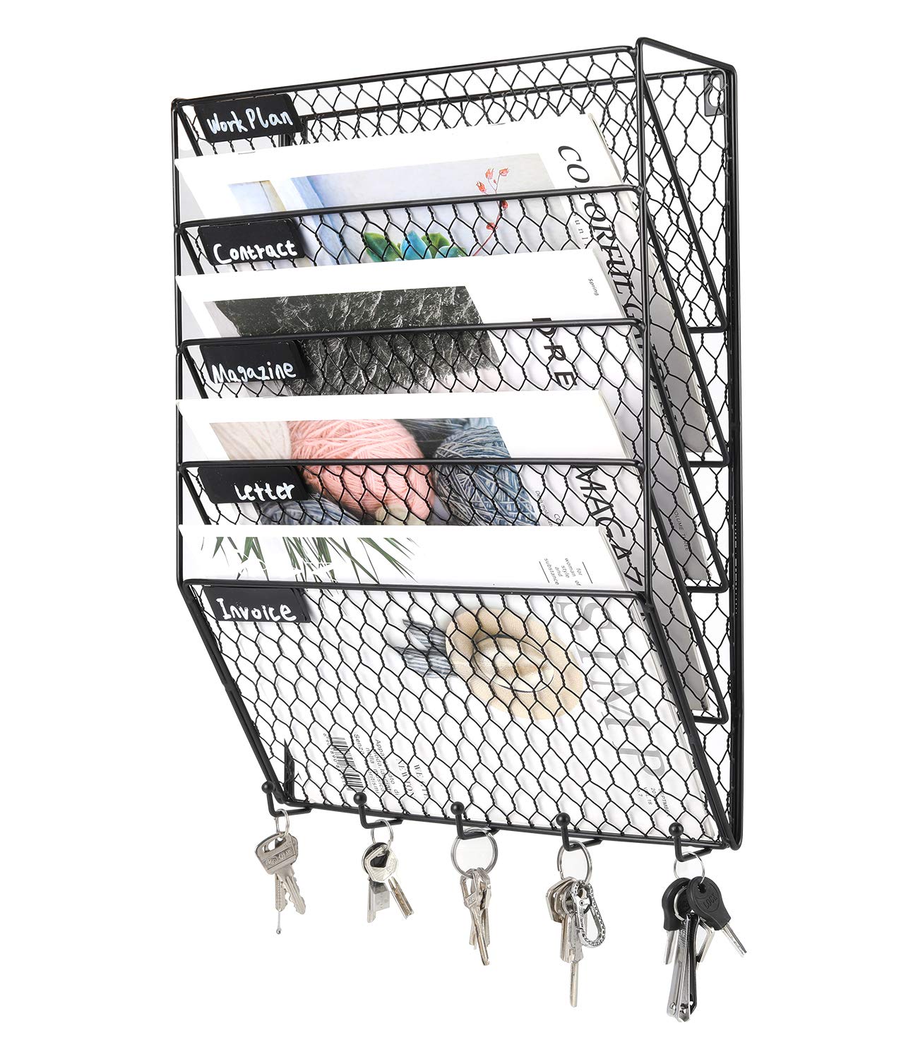 PAG 5 Tier Wall File Holder Hanging Mail Organizer Metal Chicken Wire Wall Mount Magazine Rack with hooks for Home and Office, Black