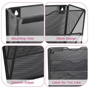 ideallife 5 Pockets Mesh Wall File Holder Organizer Office Hanging File Folder Magazine Rack, Nametag Label Hooks Set Included, Black