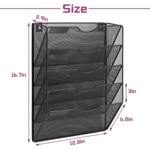 ideallife 5 Pockets Mesh Wall File Holder Organizer Office Hanging File Folder Magazine Rack, Nametag Label Hooks Set Included, Black