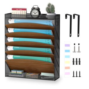 aimeaihe wall file organizer, wood wall file holder, 7 tier vertical hanging wall file organizer, 5 pockets wall mount file holder with top and bottom flat tray for office school home, black