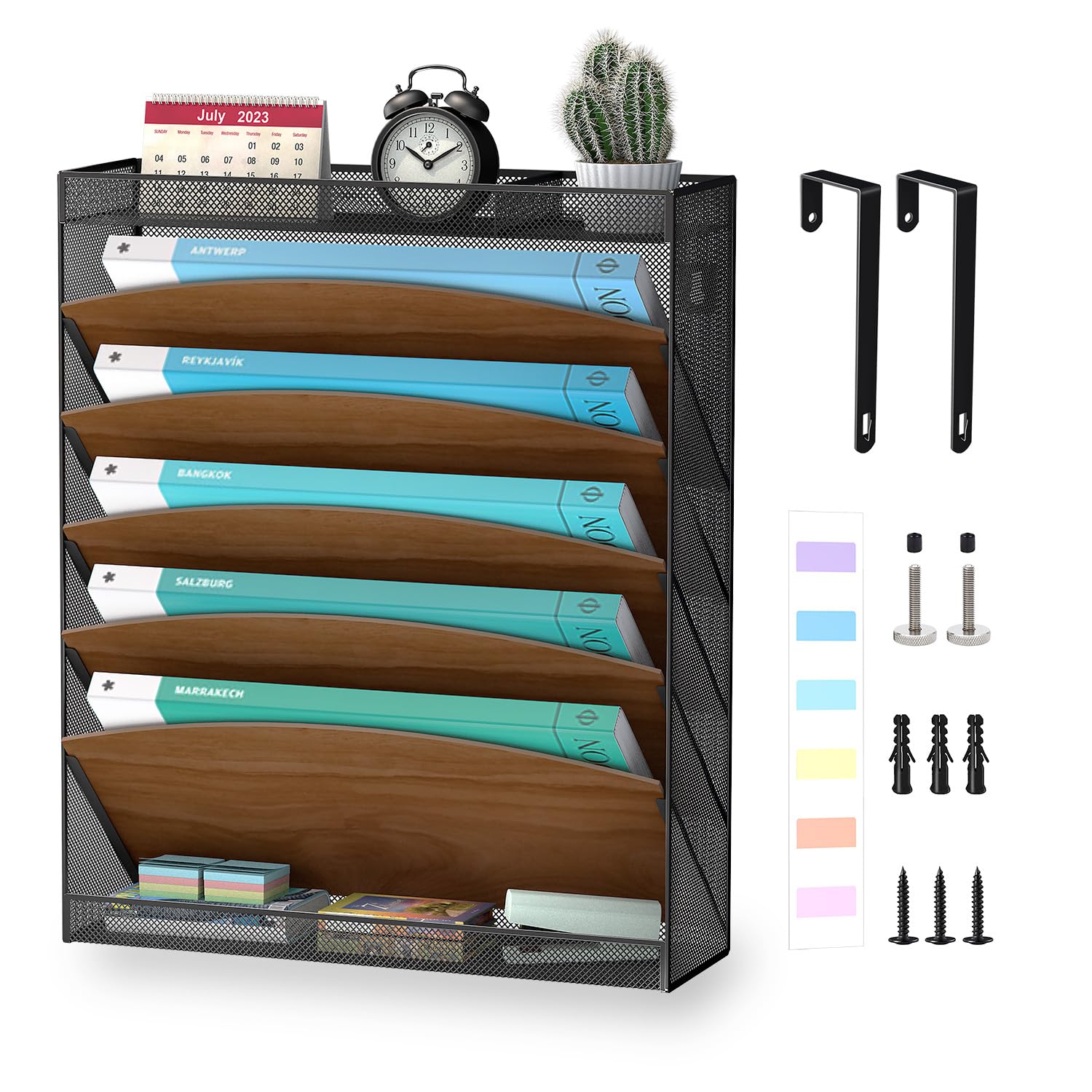 Aimeaihe Wall File Organizer, Wood Wall File Holder, 7 Tier Vertical Hanging Wall File Organizer, 5 Pockets Wall Mount File Holder with Top and Bottom Flat Tray for Office School Home, Black