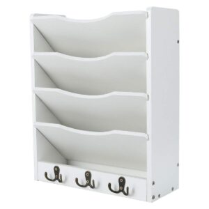 pag 5-tier wall file holder hanging mail organizer wood magazine literature rack with 6 hooks, white