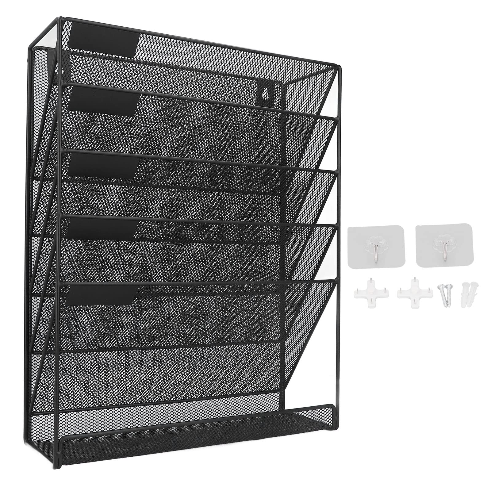 Wall File Organizer 5 Tier Black Heavy Duty Metal Mesh Hanging Mail Magazine Rack 40 x 32 x 11 cm Wall Mount Paper Holder for Newspaper Folders