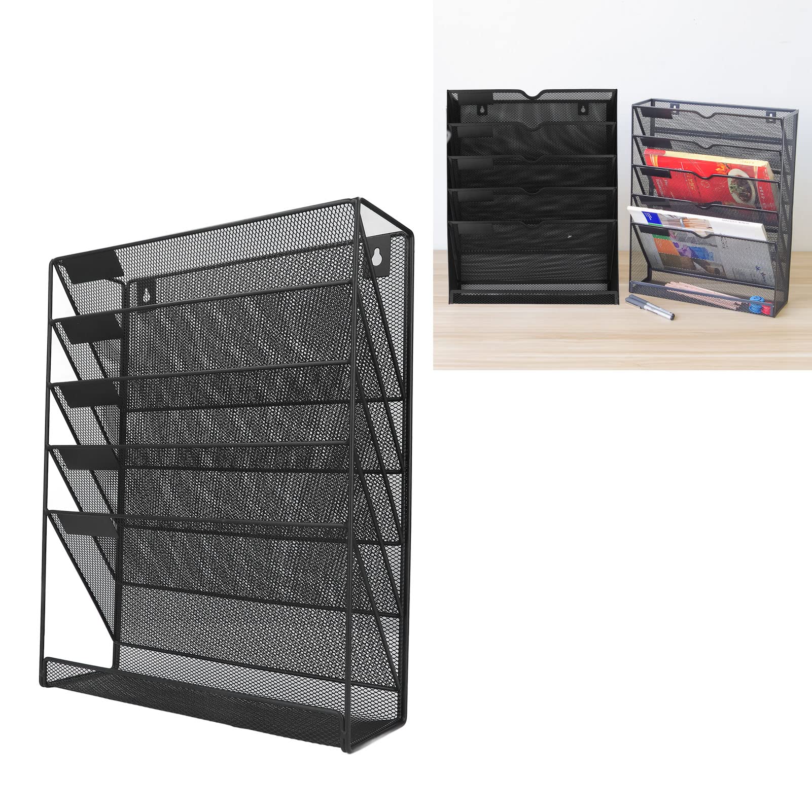 Wall File Organizer 5 Tier Black Heavy Duty Metal Mesh Hanging Mail Magazine Rack 40 x 32 x 11 cm Wall Mount Paper Holder for Newspaper Folders