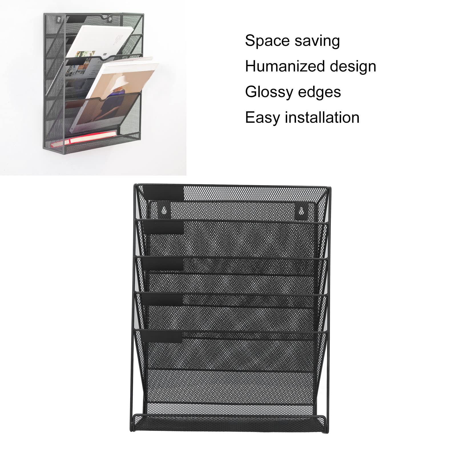 Wall File Organizer 5 Tier Black Heavy Duty Metal Mesh Hanging Mail Magazine Rack 40 x 32 x 11 cm Wall Mount Paper Holder for Newspaper Folders