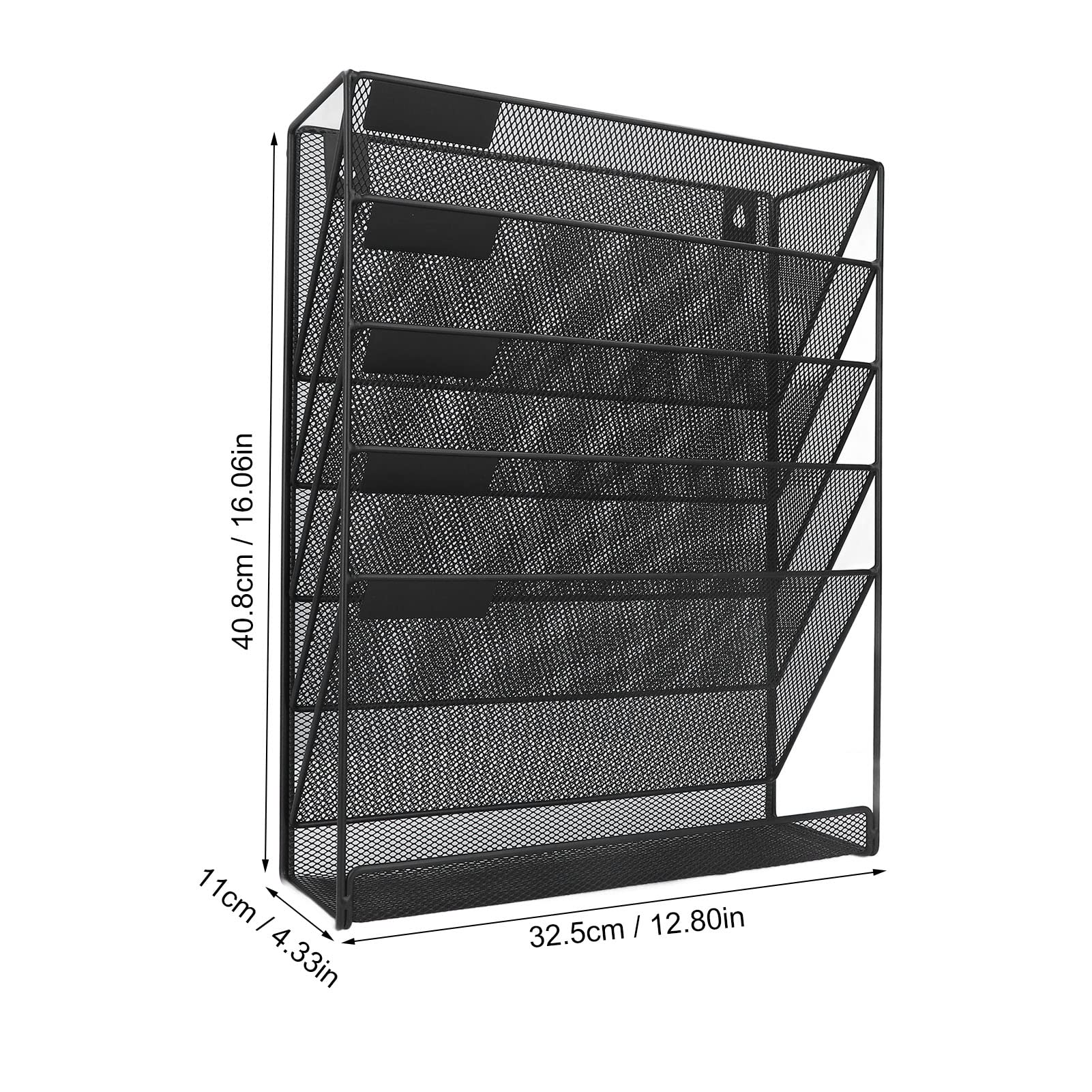 Wall File Organizer 5 Tier Black Heavy Duty Metal Mesh Hanging Mail Magazine Rack 40 x 32 x 11 cm Wall Mount Paper Holder for Newspaper Folders