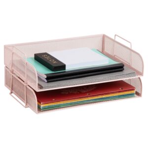 mind reader stackable paper tray, 2 pcs., desktop organizer, file storage, office, metal mesh, 14" l x 9.75" w x 6" h, pink