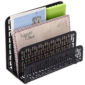 mygift 3 slot black metal office desktop mail holder organizer with geometric cut-out perforated design, desk letter, bills and mail sorter, document tray