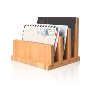 wishacc bamboo mail organizer with rubber feets, vertical desk letter/envelope/file/paper/folder/bill holder for office & home, small 3 sections desktop office supplies incline sorter rack