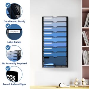 DALTACK Wall File Holder 10 Tier Hanging Wall File Organizer, for Papers Mails Folders Clipboard Magazine Organization, for Office Home, Mesh Metal, Black