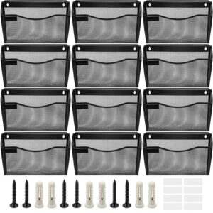 tatuo 12 pack mesh wall mounted file holder hanging file organizer vertical wall file organizer holder rack for office and home, black (with label panel)