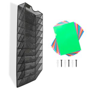 orangepatrick 10 tier wall mounted hanging file organizer rack - black mesh office or classroom holder sorter for documents, magazines, folders & more - complete with file folders and label stickers