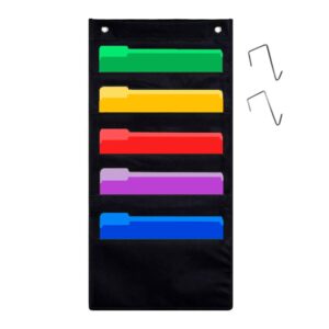 headif premium door hanging file organizer,cascading wall file storage pocket chart, 5 pockets folder holder & 2 hangers, perfect for classroom office school and home use organization