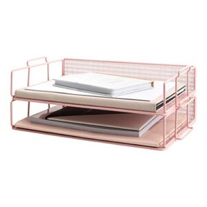 blu monaco pink desk organizer stackable paper tray set of 2 - metal wire two tier tray - stackable letter tray - inbox tray for desk