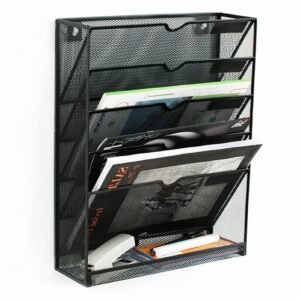 wall file organizer 5 tier heavy duty metal mesh hanging mail magazine rack 41 x 32 x 10 cm vertical paper holder for newspaper folders(black)