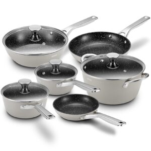 bezia pots and pans set nonstick, induction cookware sets 10 piece, compatible with all stoves, dishwasher safe kitchen cooking pan set with frying pans, saucepans & stockpot, grey