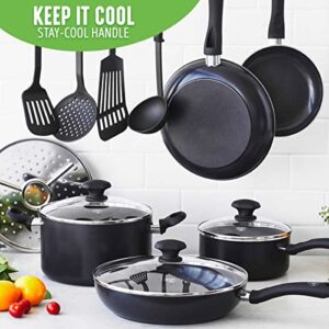 GreenLife Soft Grip Healthy Ceramic Nonstick 16 Piece Kitchen Cookware Pots and Frying Sauce Saute Pans Set, PFAS-Free with Kitchen Utensils and Lid, Dishwasher Safe, Black Diamond