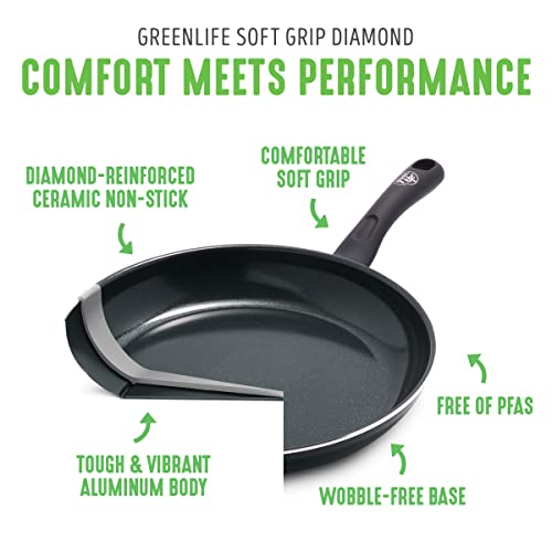 GreenLife Soft Grip Healthy Ceramic Nonstick 16 Piece Kitchen Cookware Pots and Frying Sauce Saute Pans Set, PFAS-Free with Kitchen Utensils and Lid, Dishwasher Safe, Black Diamond