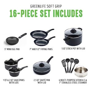 GreenLife Soft Grip Healthy Ceramic Nonstick 16 Piece Kitchen Cookware Pots and Frying Sauce Saute Pans Set, PFAS-Free with Kitchen Utensils and Lid, Dishwasher Safe, Black Diamond