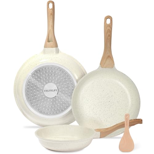 ESLITE LIFE Nonstick Ceramic Frying Pans Skillets Set, Non-Toxic Egg Omelette Kitchen Cooking Pans Compatible with All Stovetops (Gas, Electric & Induction), PTFE & PFOA Free (White)